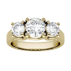 charles & colvard created moissanite 6.5mm round cut three stone ring for women | 2 cttw dew | lab grown | solid 14k yellow gold | size 7