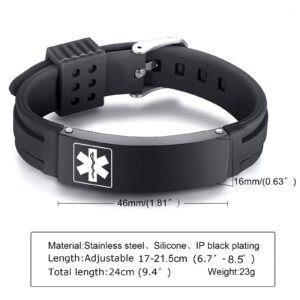 VNOX Customize Emergency Jewelry Medical Alert ID Black Silicone Rubber Stainless Steel Adjustable Bracelet