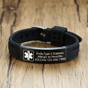 VNOX Customize Emergency Jewelry Medical Alert ID Black Silicone Rubber Stainless Steel Adjustable Bracelet