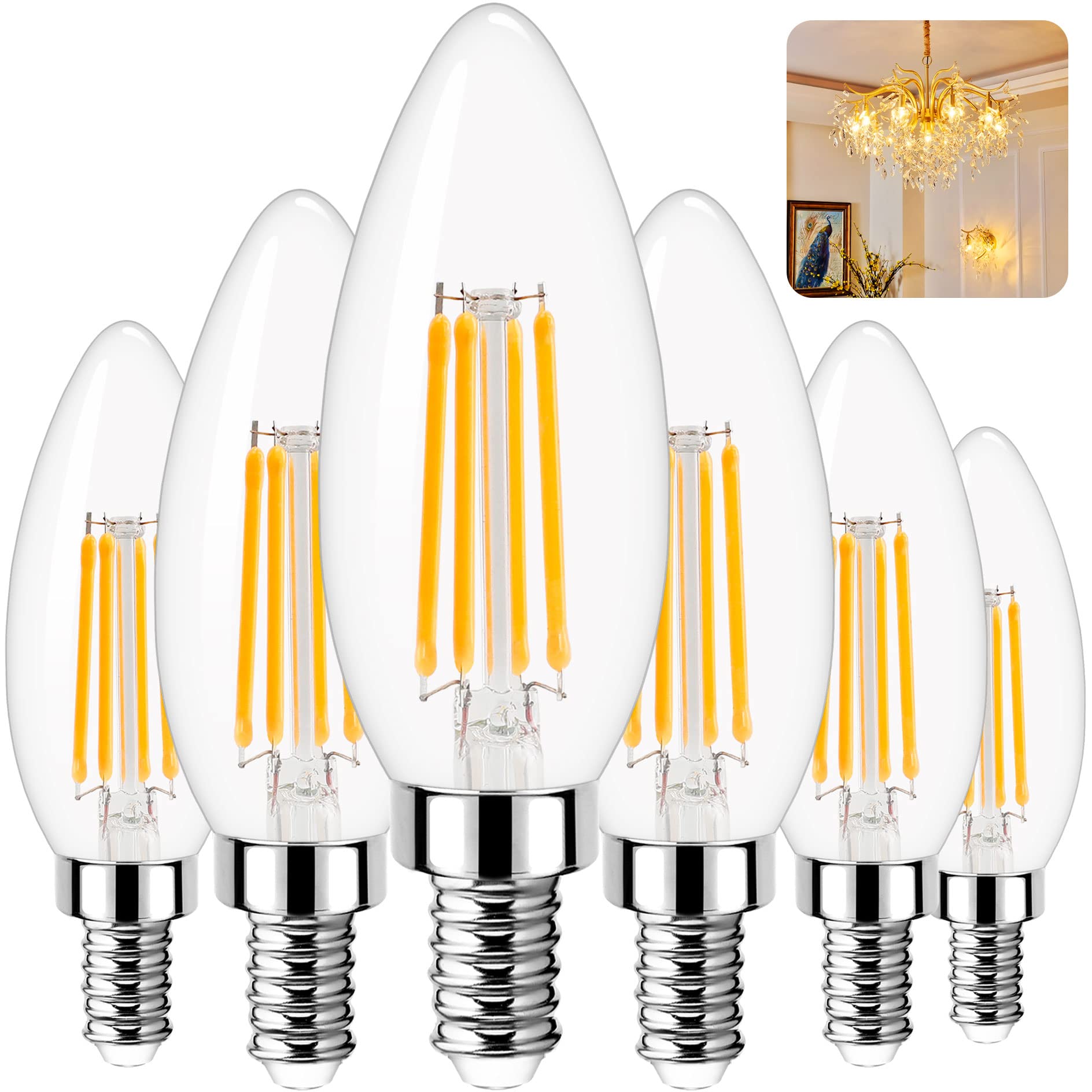 GOLSPARK Led Candelabra Light Bulb Filament Vintage Edison Chandelier Dimmable Bulbs,40 Watt Equivalent,Warm White 2700k,400 Lumen,E12 Base,6 Pack