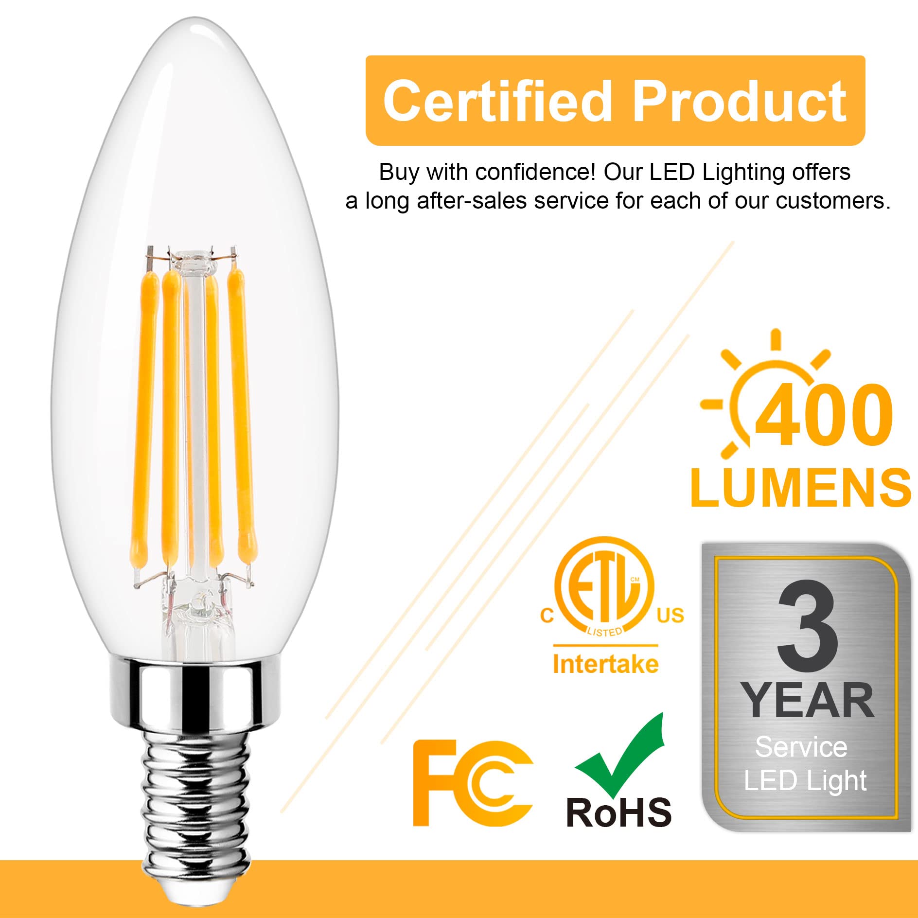 GOLSPARK Led Candelabra Light Bulb Filament Vintage Edison Chandelier Dimmable Bulbs,40 Watt Equivalent,Warm White 2700k,400 Lumen,E12 Base,6 Pack