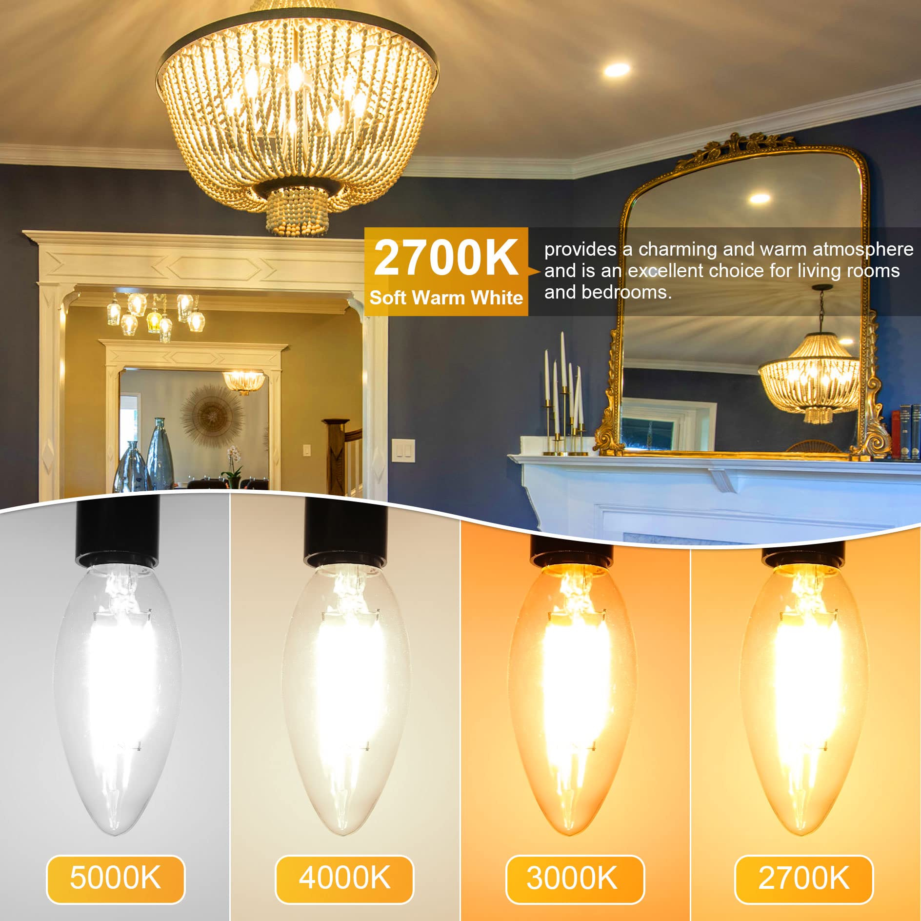 GOLSPARK Led Candelabra Light Bulb Filament Vintage Edison Chandelier Dimmable Bulbs,40 Watt Equivalent,Warm White 2700k,400 Lumen,E12 Base,6 Pack