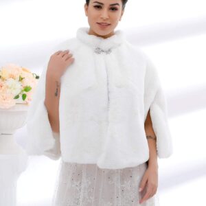 Aukmla Faux Fur Wrap Bridal Wrap Stole Wedding Fur Shrug Faux Fur Cape with Stunning Rhinestones Brooch (White)