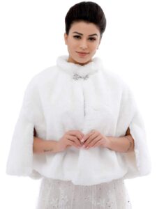 aukmla faux fur wrap bridal wrap stole wedding fur shrug faux fur cape with stunning rhinestones brooch (white)