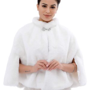 Aukmla Faux Fur Wrap Bridal Wrap Stole Wedding Fur Shrug Faux Fur Cape with Stunning Rhinestones Brooch (White)