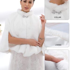 Aukmla Faux Fur Wrap Bridal Wrap Stole Wedding Fur Shrug Faux Fur Cape with Stunning Rhinestones Brooch (White)