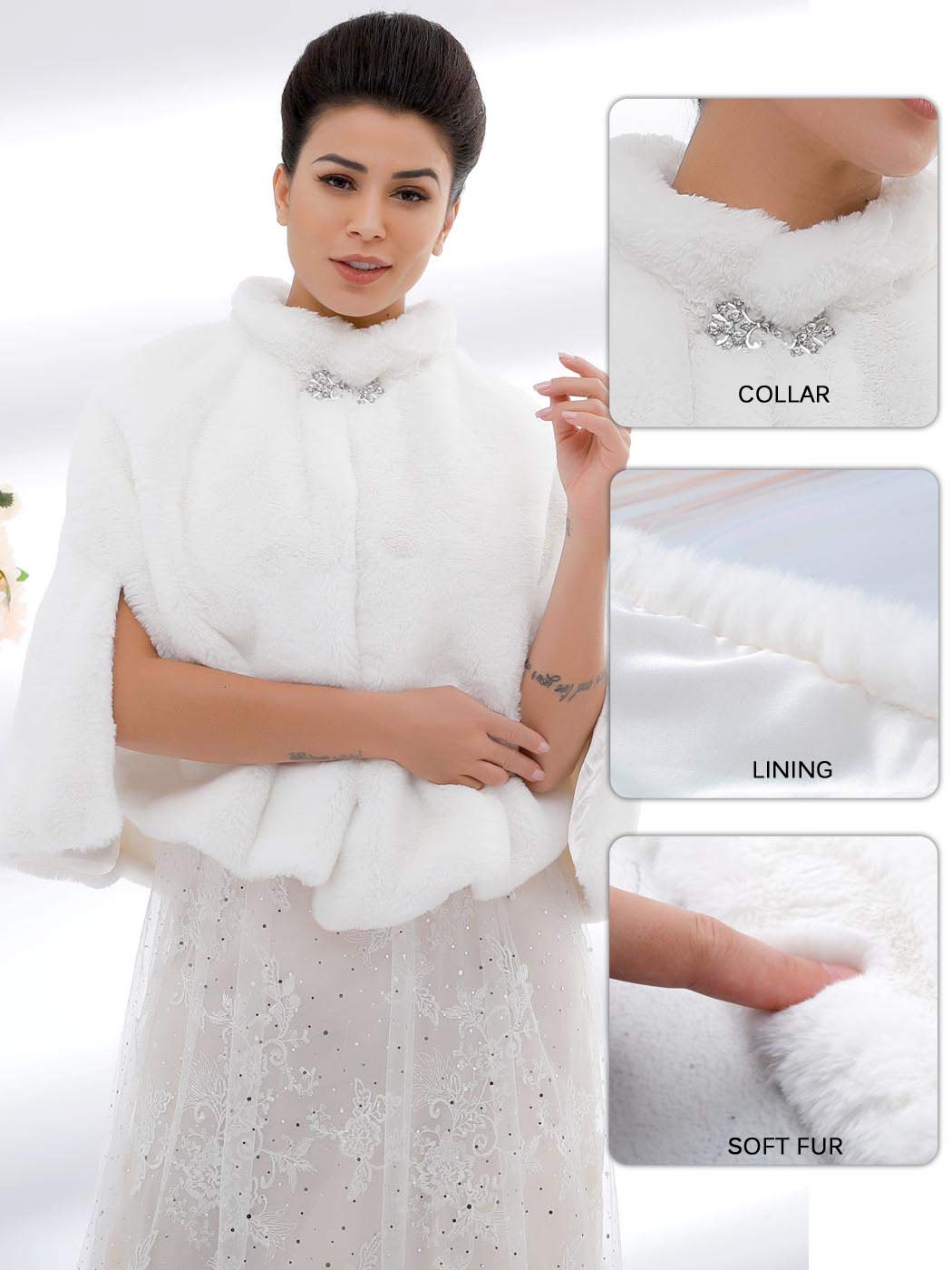 Aukmla Faux Fur Wrap Bridal Wrap Stole Wedding Fur Shrug Faux Fur Cape with Stunning Rhinestones Brooch (White)