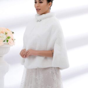 Aukmla Faux Fur Wrap Bridal Wrap Stole Wedding Fur Shrug Faux Fur Cape with Stunning Rhinestones Brooch (White)