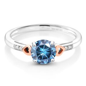 Gem Stone King 925 Silver and 10K Rose Gold Persian Blue Moissanite and White Diamond Solitaire Engagement Ring For Women (1.03 Cttw, Round 6.5MM, Gemstone Birthstone, Size 6)