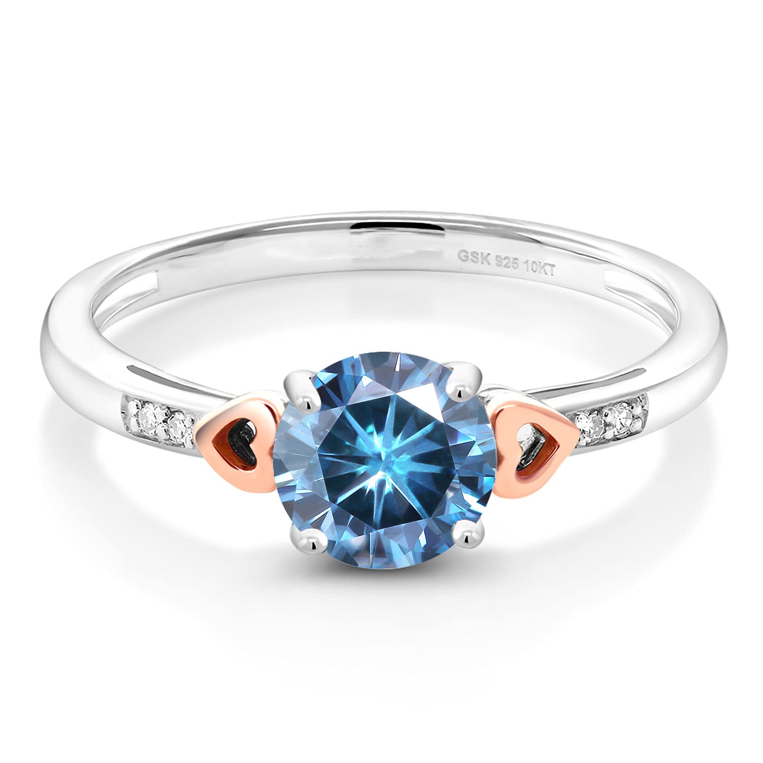 Gem Stone King 925 Silver and 10K Rose Gold Persian Blue Moissanite and White Diamond Solitaire Engagement Ring For Women (1.03 Cttw, Round 6.5MM, Gemstone Birthstone, Size 6)