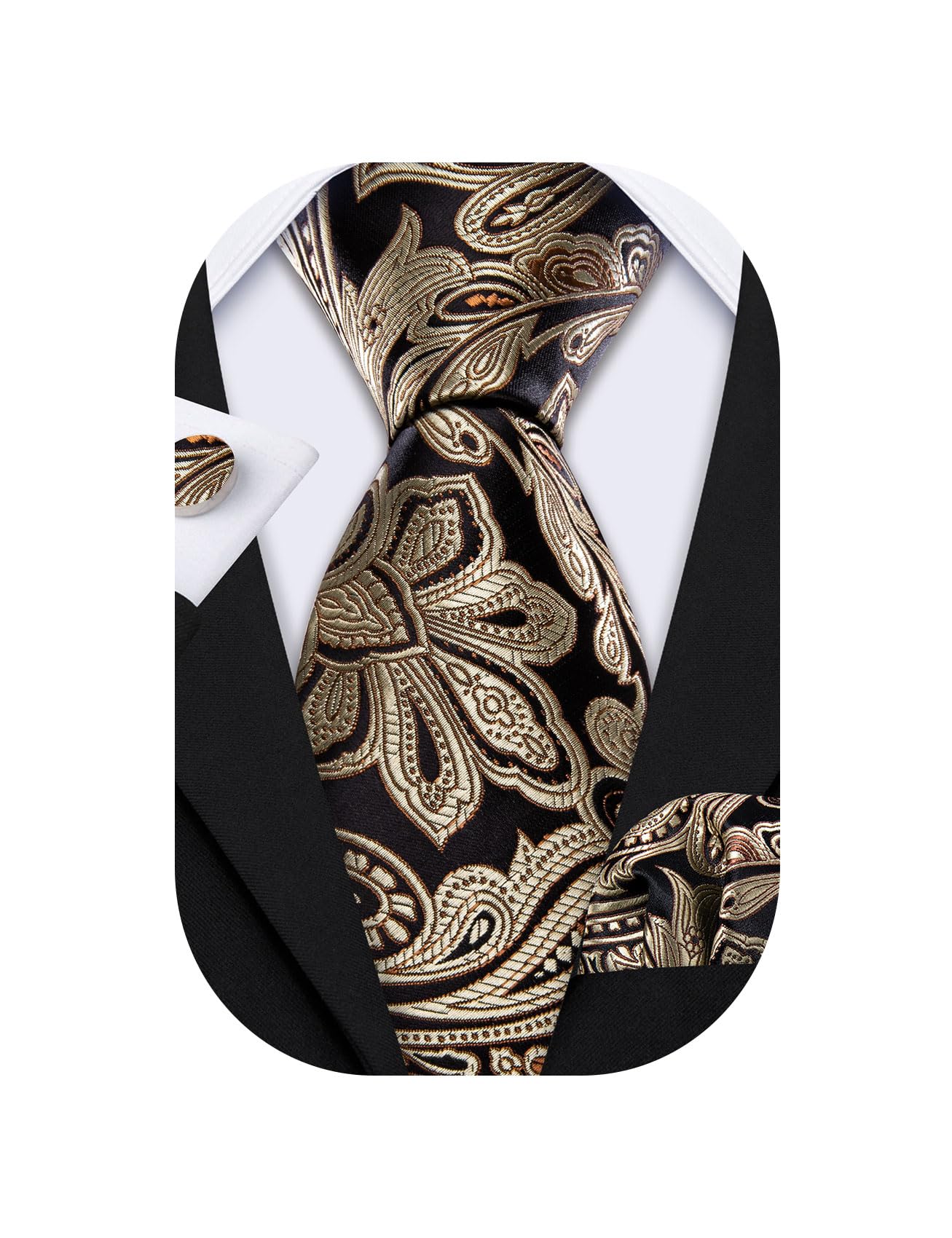 Barry.Wang Paisley Tie Set Hanky Cufflink Silk Gold Neckties