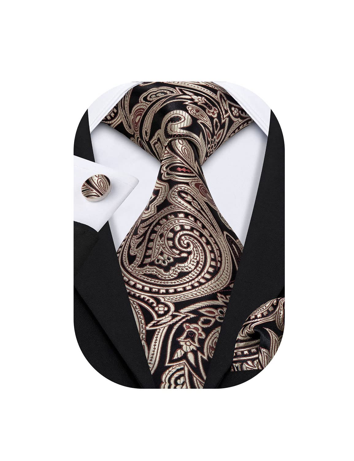 Barry.Wang Paisley Tie Set Hanky Cufflink Silk Gold Neckties