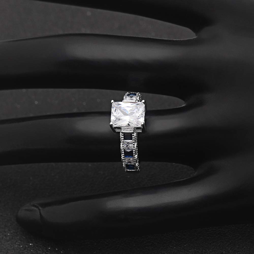 Ginger Lyne Collection Katharina Sterling Silver 2.5CT Emerald cut with Blue Accent CZ Engagement Wedding Bridal Ring Size 9