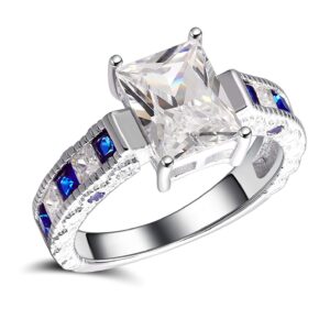 Ginger Lyne Collection Katharina Sterling Silver 2.5CT Emerald cut with Blue Accent CZ Engagement Wedding Bridal Ring Size 9