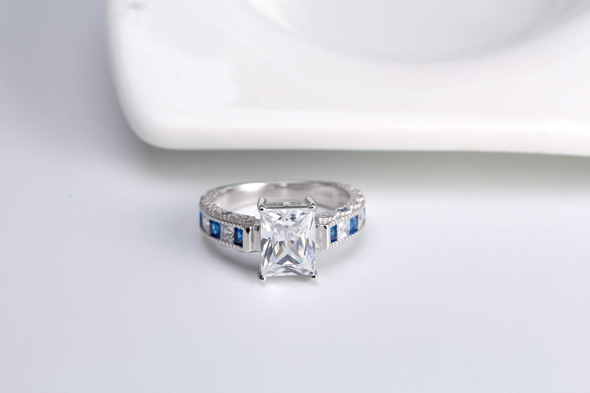 Ginger Lyne Collection Katharina Sterling Silver 2.5CT Emerald cut with Blue Accent CZ Engagement Wedding Bridal Ring Size 9