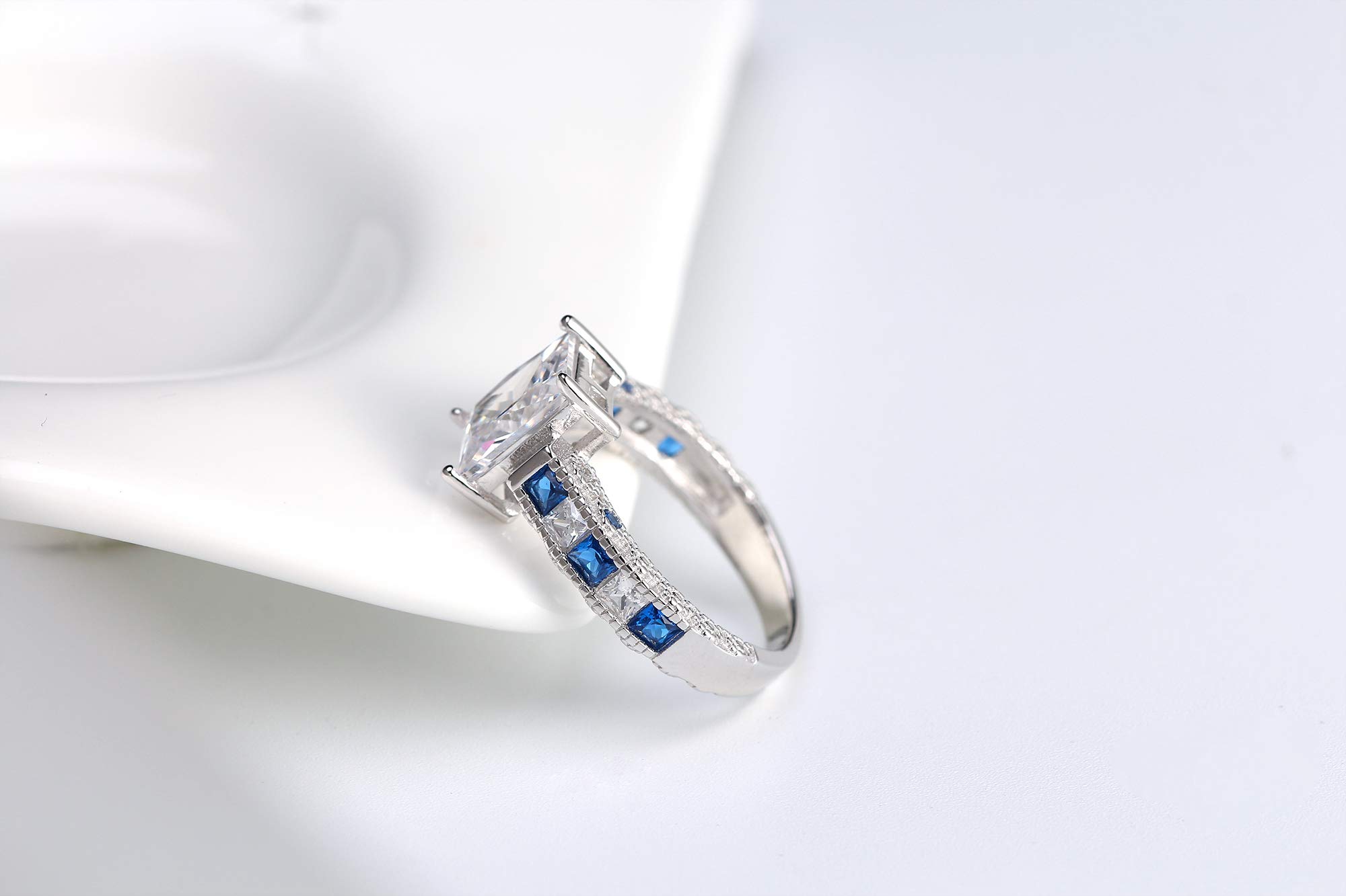 Ginger Lyne Collection Katharina Sterling Silver 2.5CT Emerald cut with Blue Accent CZ Engagement Wedding Bridal Ring Size 9