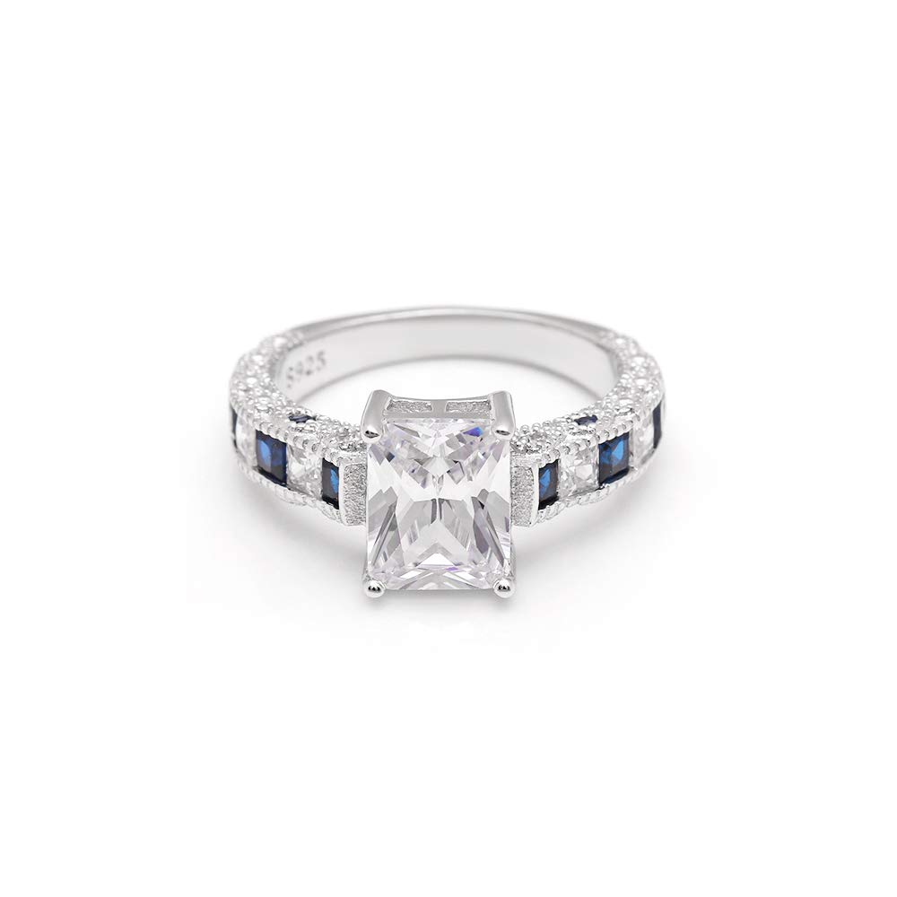 Ginger Lyne Collection Katharina Sterling Silver 2.5CT Emerald cut with Blue Accent CZ Engagement Wedding Bridal Ring Size 9