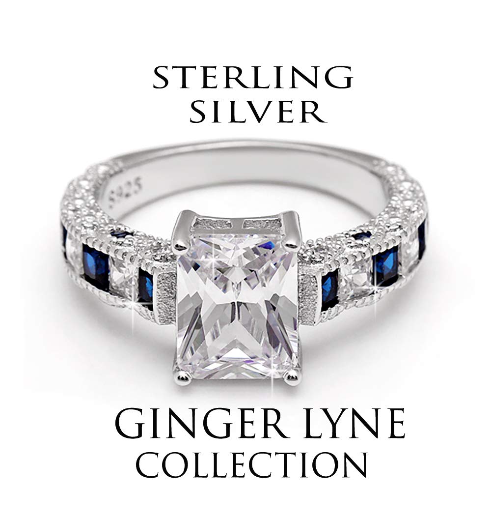 Ginger Lyne Collection Katharina Sterling Silver 2.5CT Emerald cut with Blue Accent CZ Engagement Wedding Bridal Ring Size 9