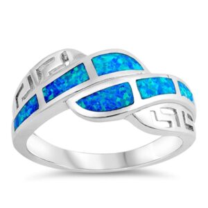 blue simulated opal greek key wave wide ring new .925 sterling silver band size 9