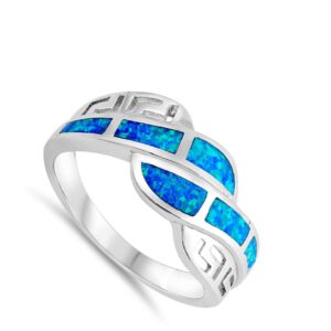 Blue Simulated Opal Greek Key Wave Wide Ring New .925 Sterling Silver Band Size 9