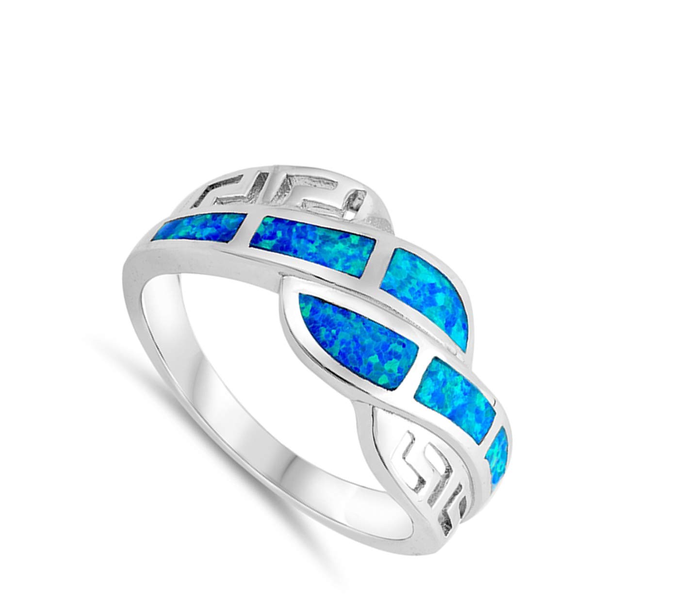 Blue Simulated Opal Greek Key Wave Wide Ring New .925 Sterling Silver Band Size 9