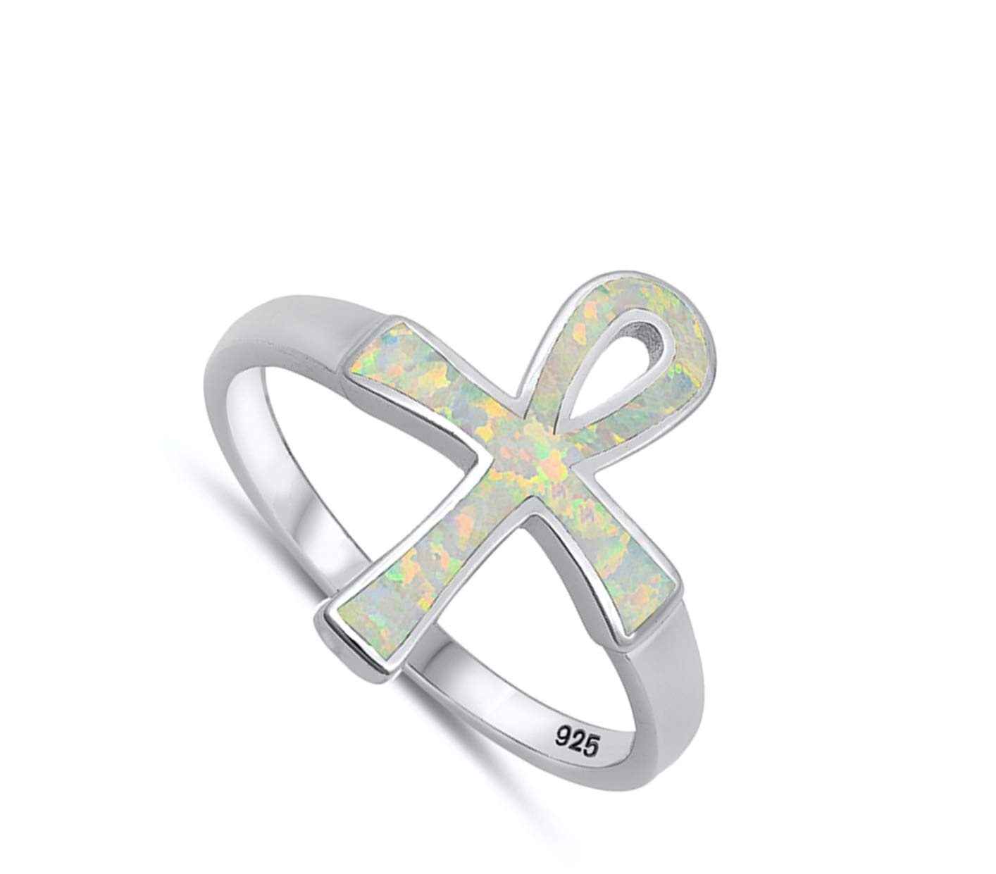 White Simulated Opal Ankh Wide Large Ring .925 Sterling Silver Band Size 6