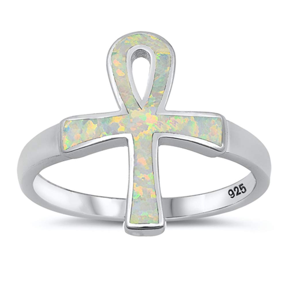 White Simulated Opal Ankh Wide Large Ring .925 Sterling Silver Band Size 6