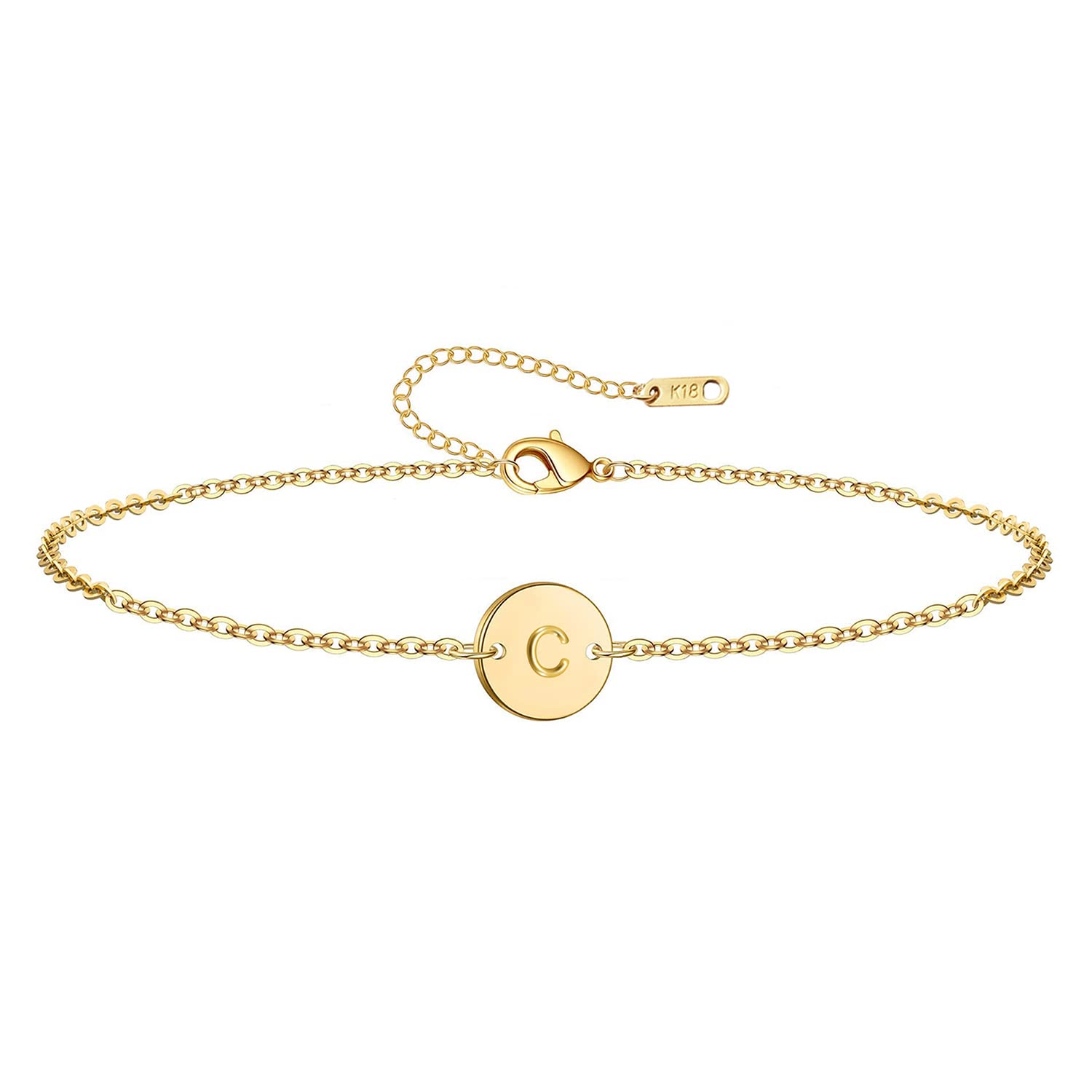 Initial Charm Bracelets, 18K Gold Plated Stainless Steel Dainty Small Round Coin Disc Initial Bracelet Engraved Letters C Personalized Name Bracelet for Women