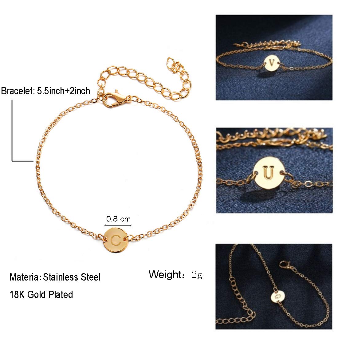 Initial Charm Bracelets, 18K Gold Plated Stainless Steel Dainty Small Round Coin Disc Initial Bracelet Engraved Letters C Personalized Name Bracelet for Women