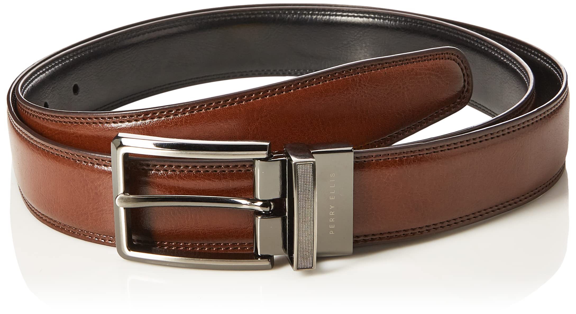 Perry Ellis Men's Portfolio Double Stitched Leather Reversible Belt (Sizes 30-42 Inches), Brown/Black, 36