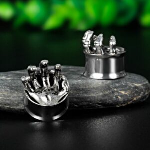 TBOSEN 2pcs Silver Cool Punk Rock Skeleton Skull Hand Bone Gauges For Ears Single Flared Ear Plugs And Tunnels 2g T 1 inch