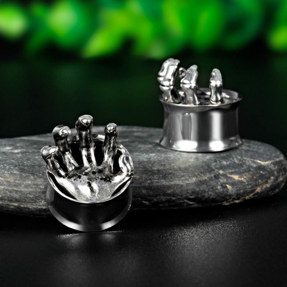 TBOSEN 2pcs Silver Cool Punk Rock Skeleton Skull Hand Bone Gauges For Ears Single Flared Ear Plugs And Tunnels 2g T 1 inch