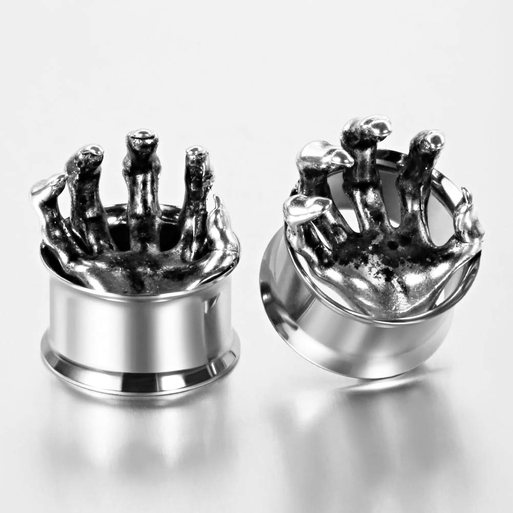 TBOSEN 2pcs Silver Cool Punk Rock Skeleton Skull Hand Bone Gauges For Ears Single Flared Ear Plugs And Tunnels 2g T 1 inch