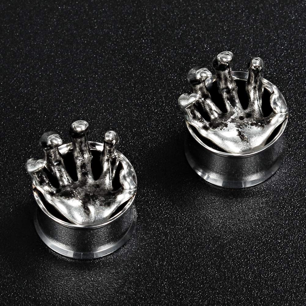 TBOSEN 2pcs Silver Cool Punk Rock Skeleton Skull Hand Bone Gauges For Ears Single Flared Ear Plugs And Tunnels 2g T 1 inch