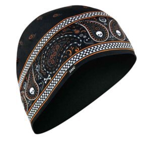 zanheadgear® helmet liner/beanie sportflex® series black & orange classic bandana