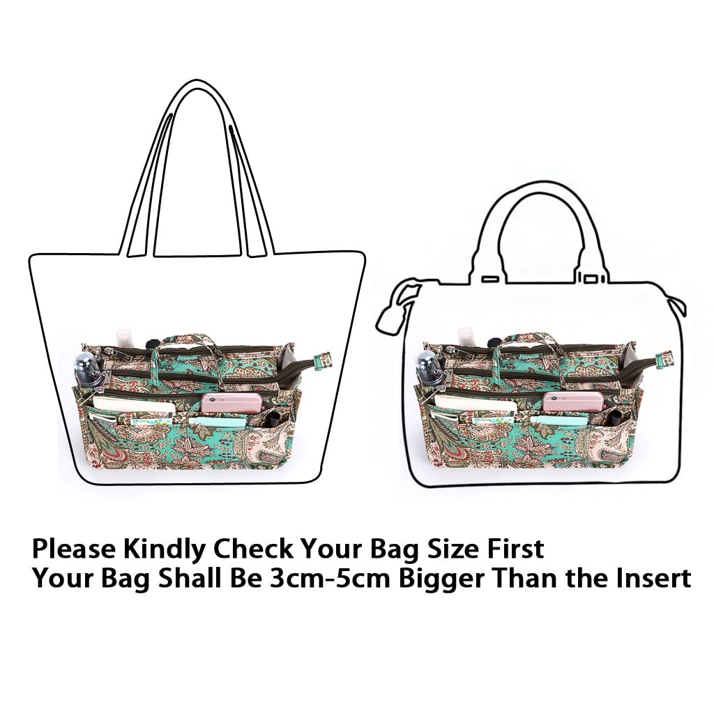 BTSKY New Printing Handbag Organizers Inside Purse Insert-High Capacity 13 Pockets Bag Tote Organizer with Handle Peacock Flower