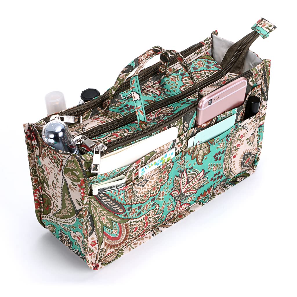 BTSKY New Printing Handbag Organizers Inside Purse Insert-High Capacity 13 Pockets Bag Tote Organizer with Handle Peacock Flower