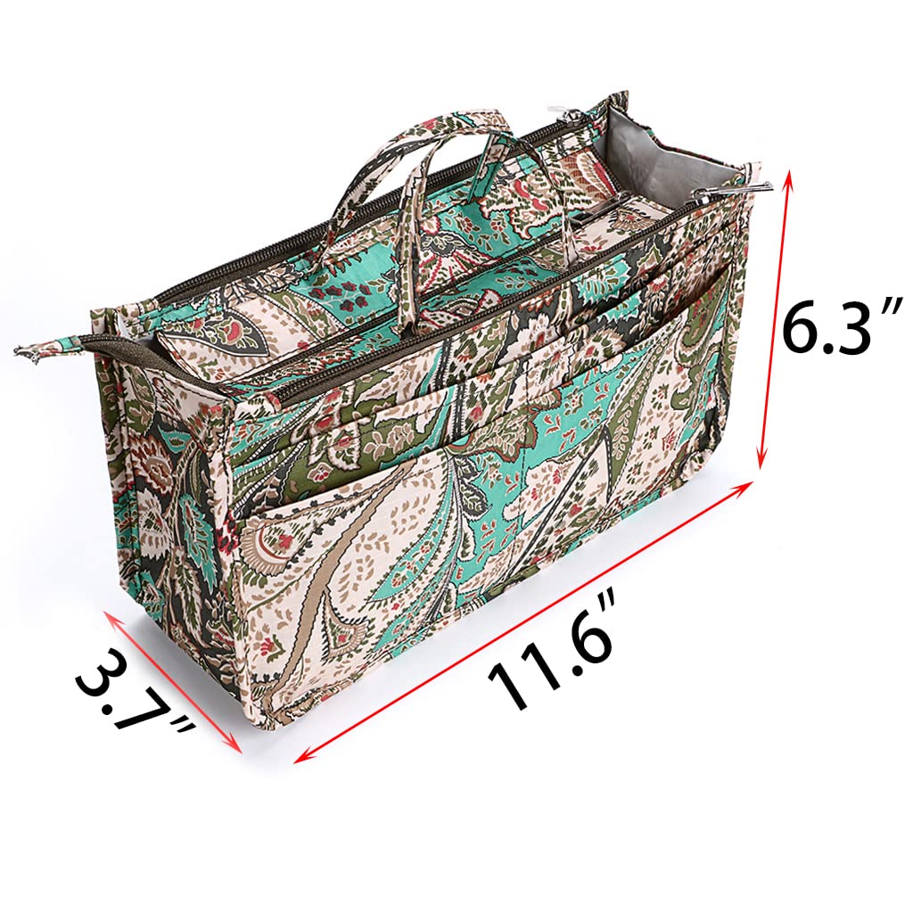 BTSKY New Printing Handbag Organizers Inside Purse Insert-High Capacity 13 Pockets Bag Tote Organizer with Handle Peacock Flower