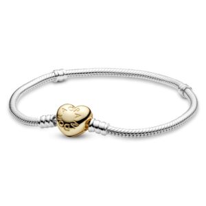 pandora moments heart clasp snake chain bracelet - two-tone charm bracelet for women - compatible moments charms - features shine & sterling silver - gift for her - 7.5"