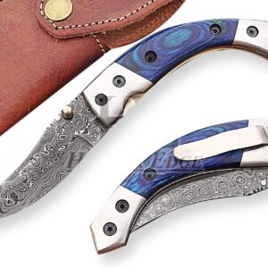 HUNTEX Handmade Hand-Forged Rain Drop Pattern Damascus Steel 4 Inch Long Pakka Wood Handle Razor Sharp Hunting Camping Trailing Pocket Knife w/Pocket Clip & Genuine Leather Pouch