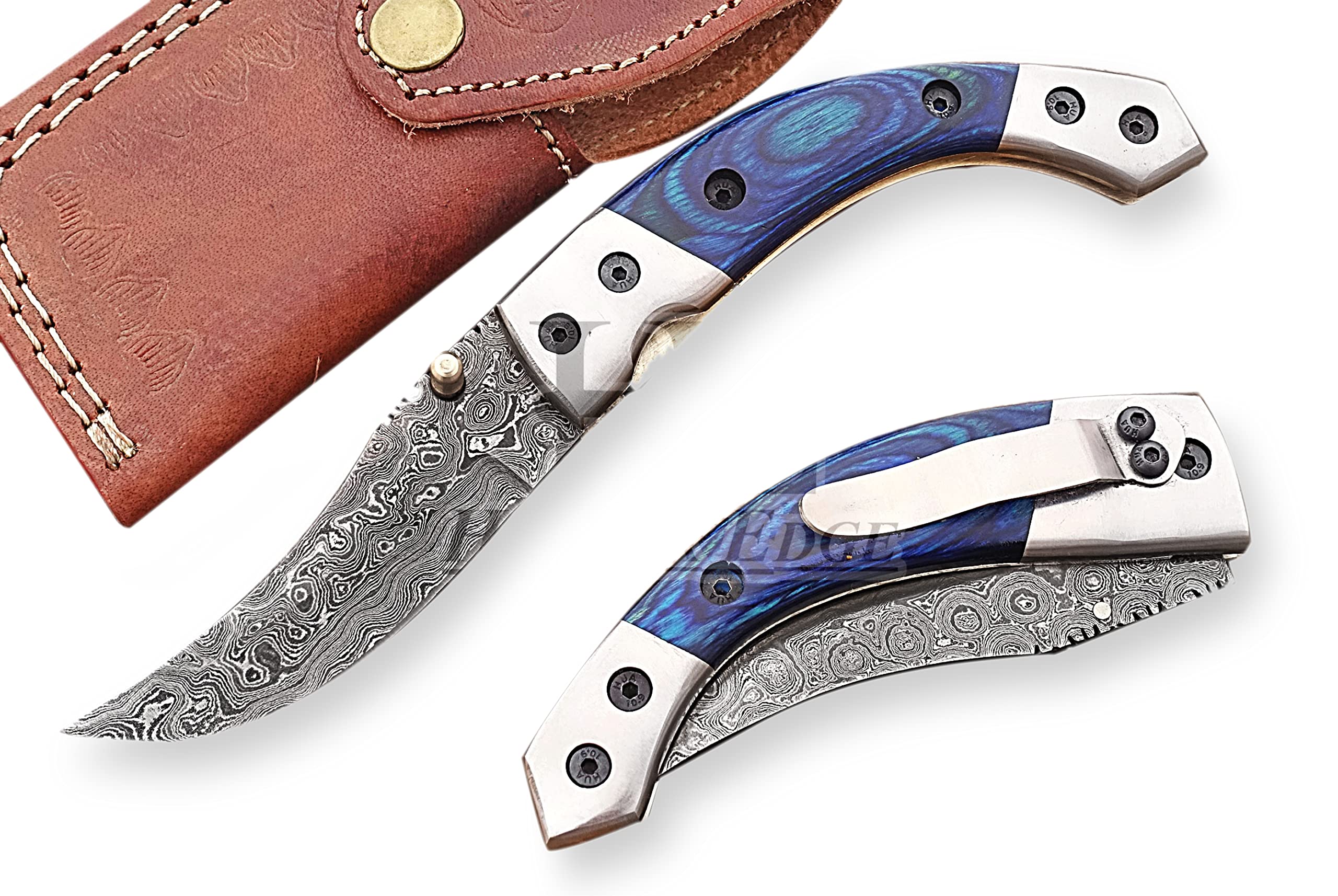 HUNTEX Handmade Hand-Forged Rain Drop Pattern Damascus Steel 4 Inch Long Pakka Wood Handle Razor Sharp Hunting Camping Trailing Pocket Knife w/Pocket Clip & Genuine Leather Pouch