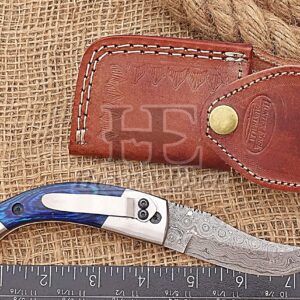 HUNTEX Handmade Hand-Forged Rain Drop Pattern Damascus Steel 4 Inch Long Pakka Wood Handle Razor Sharp Hunting Camping Trailing Pocket Knife w/Pocket Clip & Genuine Leather Pouch