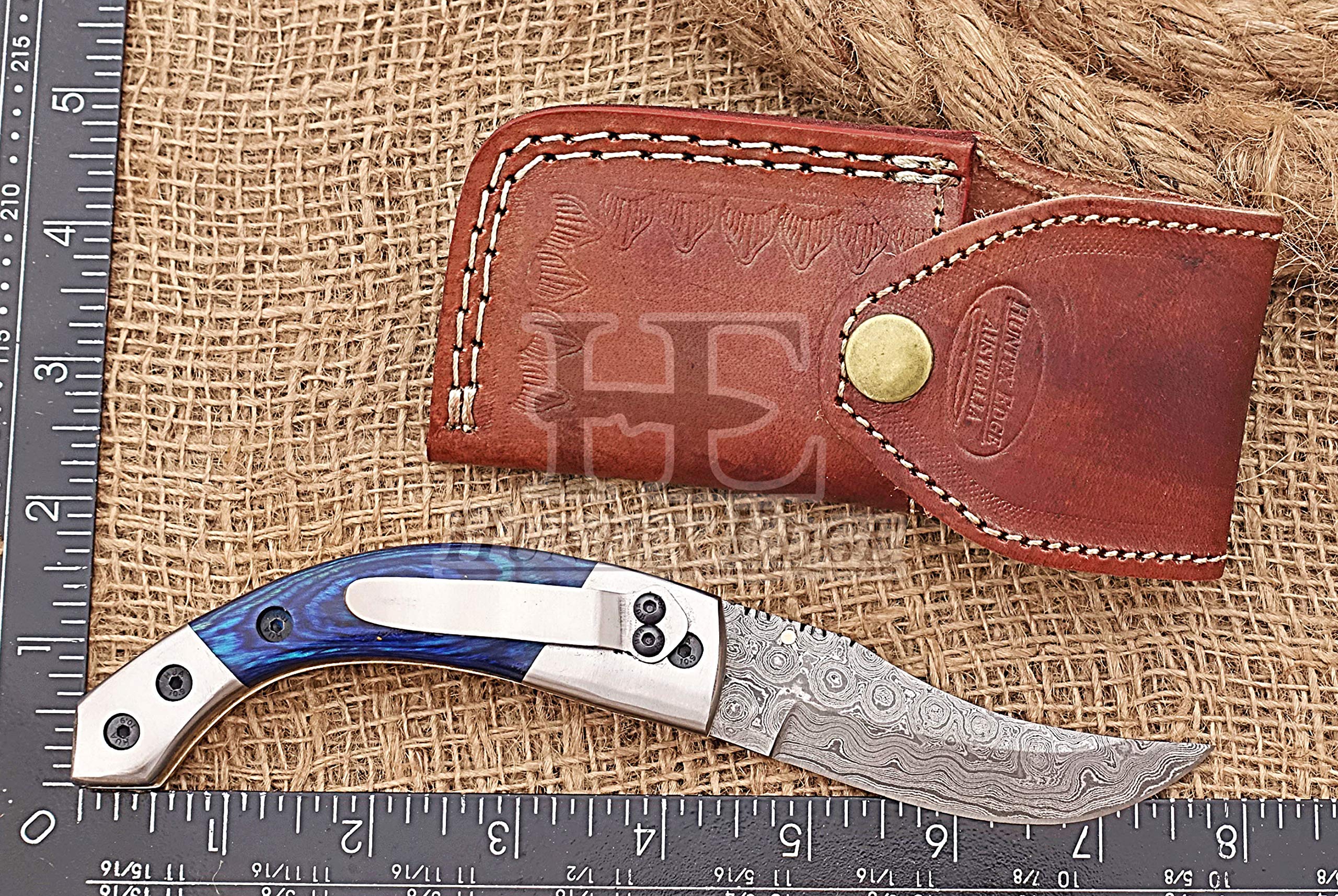 HUNTEX Handmade Hand-Forged Rain Drop Pattern Damascus Steel 4 Inch Long Pakka Wood Handle Razor Sharp Hunting Camping Trailing Pocket Knife w/Pocket Clip & Genuine Leather Pouch