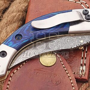 HUNTEX Handmade Hand-Forged Rain Drop Pattern Damascus Steel 4 Inch Long Pakka Wood Handle Razor Sharp Hunting Camping Trailing Pocket Knife w/Pocket Clip & Genuine Leather Pouch