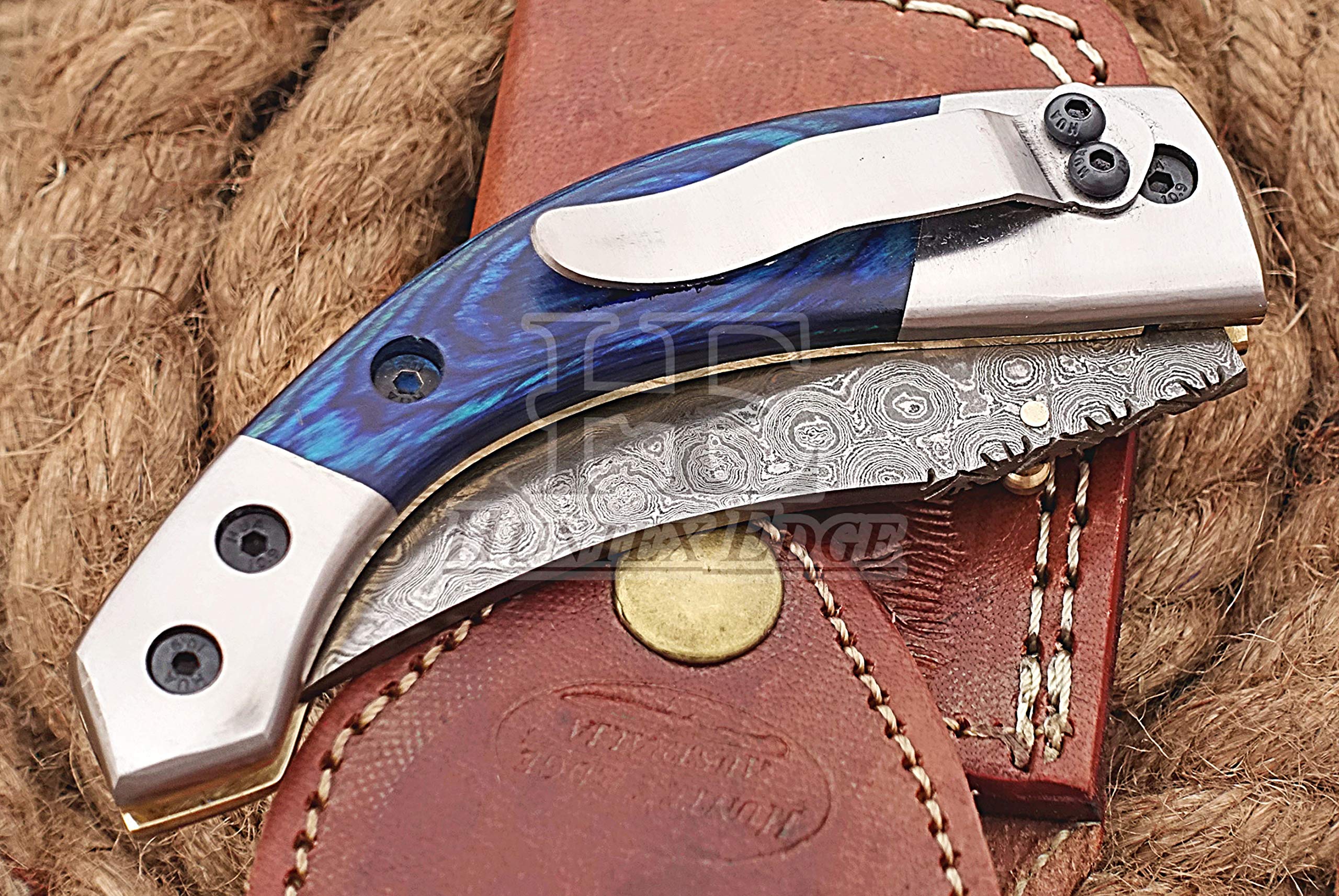 HUNTEX Handmade Hand-Forged Rain Drop Pattern Damascus Steel 4 Inch Long Pakka Wood Handle Razor Sharp Hunting Camping Trailing Pocket Knife w/Pocket Clip & Genuine Leather Pouch