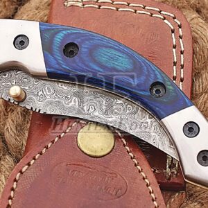 HUNTEX Handmade Hand-Forged Rain Drop Pattern Damascus Steel 4 Inch Long Pakka Wood Handle Razor Sharp Hunting Camping Trailing Pocket Knife w/Pocket Clip & Genuine Leather Pouch