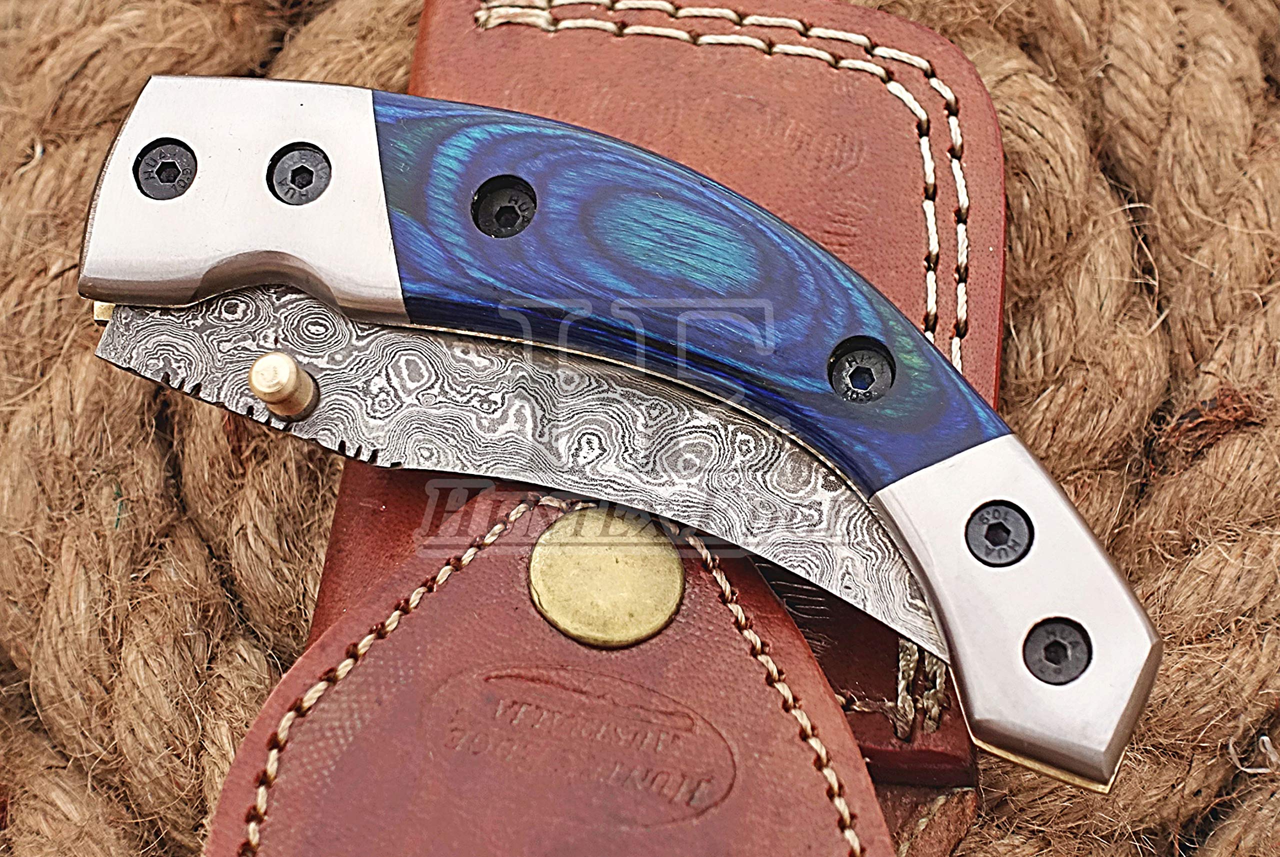 HUNTEX Handmade Hand-Forged Rain Drop Pattern Damascus Steel 4 Inch Long Pakka Wood Handle Razor Sharp Hunting Camping Trailing Pocket Knife w/Pocket Clip & Genuine Leather Pouch