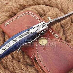 HUNTEX Handmade Hand-Forged Rain Drop Pattern Damascus Steel 4 Inch Long Pakka Wood Handle Razor Sharp Hunting Camping Trailing Pocket Knife w/Pocket Clip & Genuine Leather Pouch