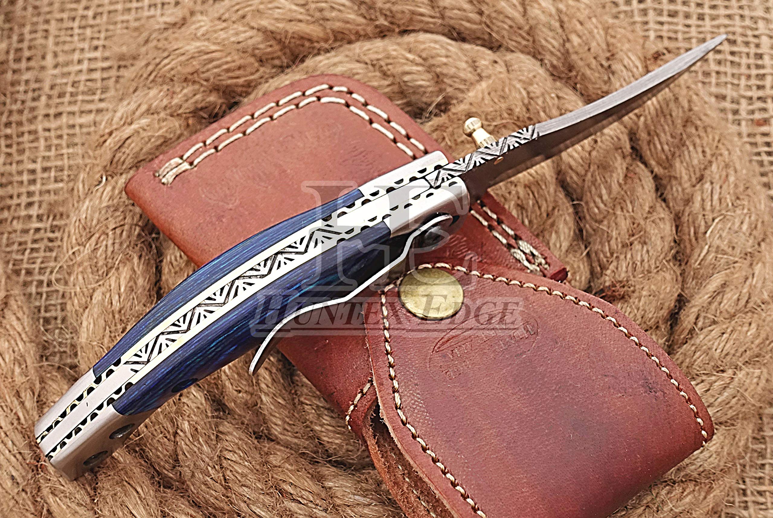 HUNTEX Handmade Hand-Forged Rain Drop Pattern Damascus Steel 4 Inch Long Pakka Wood Handle Razor Sharp Hunting Camping Trailing Pocket Knife w/Pocket Clip & Genuine Leather Pouch