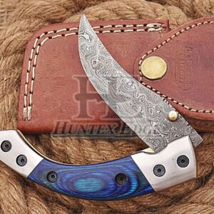 HUNTEX Handmade Hand-Forged Rain Drop Pattern Damascus Steel 4 Inch Long Pakka Wood Handle Razor Sharp Hunting Camping Trailing Pocket Knife w/Pocket Clip & Genuine Leather Pouch